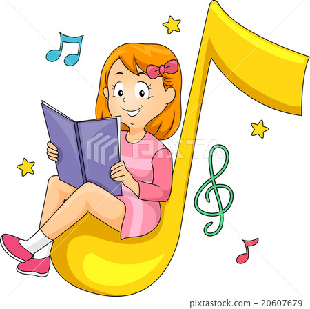 Kid Girl Sitting Read Book Music Note - Stock Illustration [20607679 ...