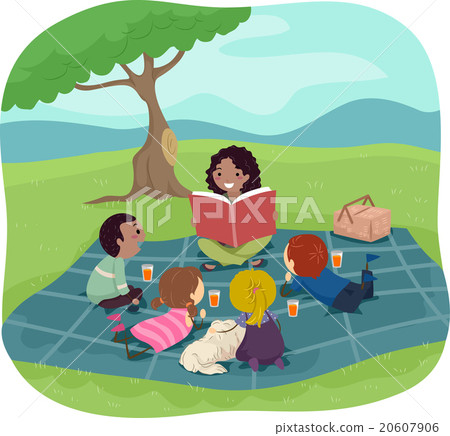 Stickman Kids Listen Book Story Picnic - Stock Illustration [20607906 ...
