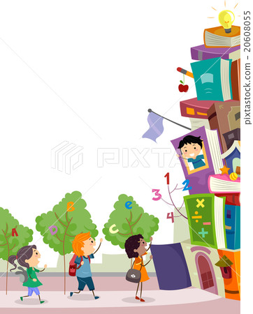 Stickman Kids Book Stack School Enter - Stock Illustration [20608055 ...