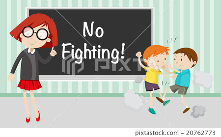 Boy fighting in front of no fighting sign - Stock Illustration ...