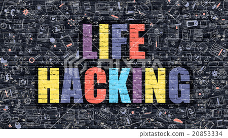 Multicolor Life Hacking on Dark Brickwall. Doodle - Stock Illustration ...