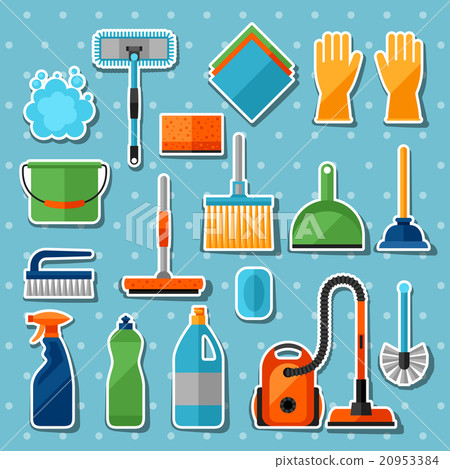 Housekeeping cleaning sticker icons set. Image can - Stock Illustration ...