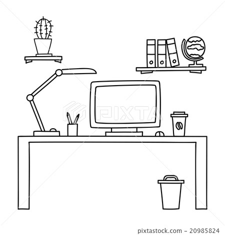 workplace in office drawn by hand doodle. Vector - Stock Illustration ...