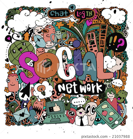 Social hand lettering and doodles background. - Stock Illustration ...