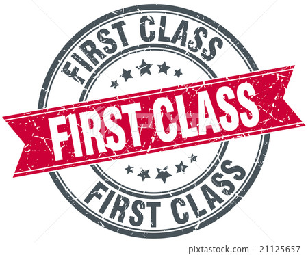 first class red round grunge vintage ribbon stamp - Stock Illustration ...