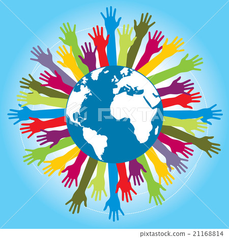 Human arms colored around the globe the world map. - Stock Illustration ...