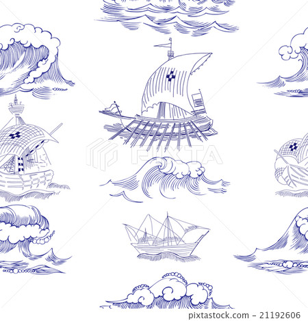 Seamless pattern with waves and ships - Stock Illustration [21192606 ...