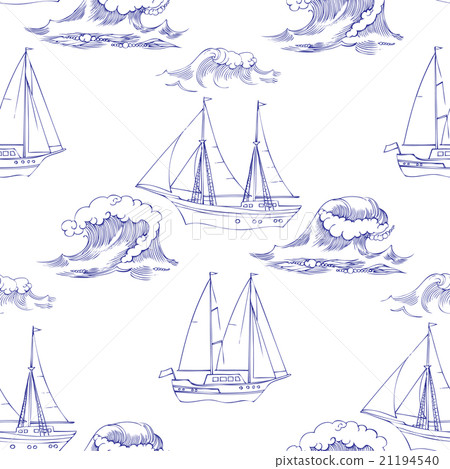 Seamless pattern with waves and ships - Stock Illustration [21194540 ...