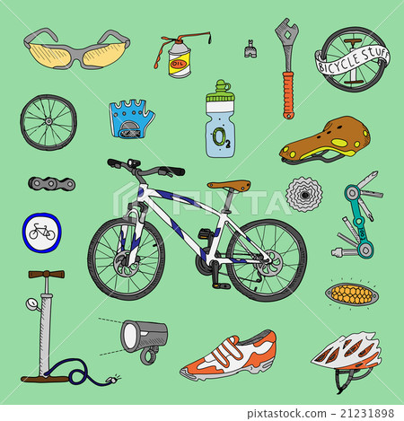Bicycle stuff. Doodle set on a green background. - Stock Illustration ...