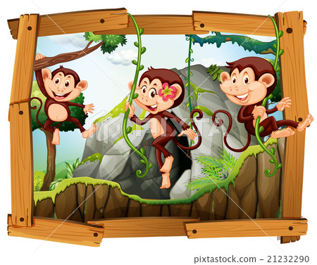 Monkeys and cave in the wooden frame - Stock Illustration [21232290 ...