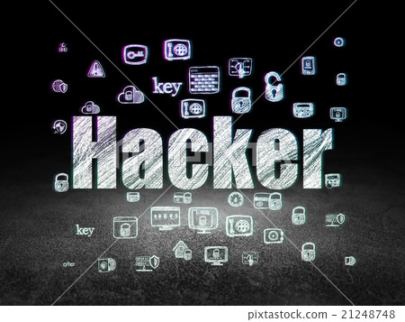 Safety concept: Hacker in grunge dark room - Stock Illustration ...