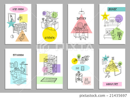 Set of eight creative cards with interiors. - Stock Illustration ...