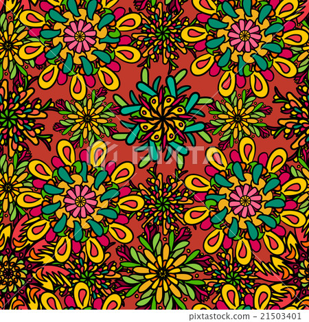 Seamless pattern with bright drawn mandala flowers - Stock Illustration ...