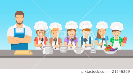 Kids cooking class flat illustration - Stock Illustration [21546269 ...