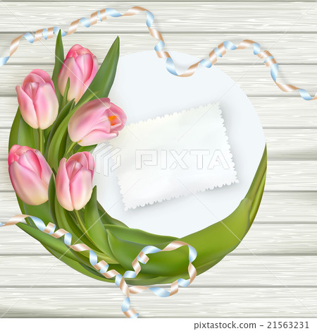 Bouquet of tulips on rustic wooden board. EPS 10 - Stock Illustration ...