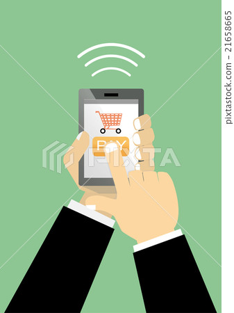 hand holding mobile and push pay button - Stock Illustration [21658665 ...