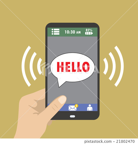Hand holding smart phone, hello icon on the - Stock Illustration ...