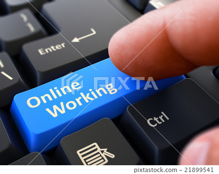 Pressing Blue Button Online Working on Black - Stock Illustration ...