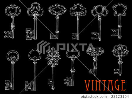 Chalk sketches of vintage keys on blackboard - Stock Illustration ...