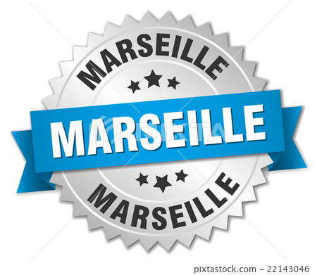 Marseille round silver badge with blue ribbon - Stock Illustration ...