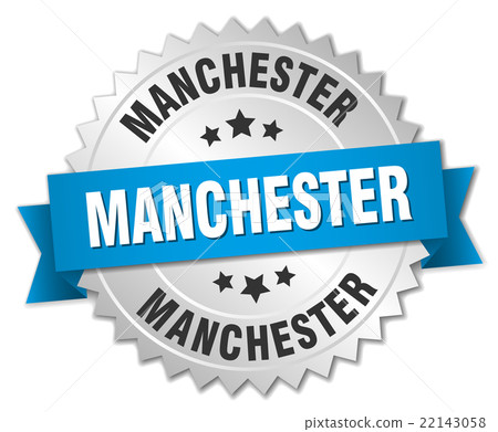 Manchester round silver badge with blue ribbon - Stock Illustration ...