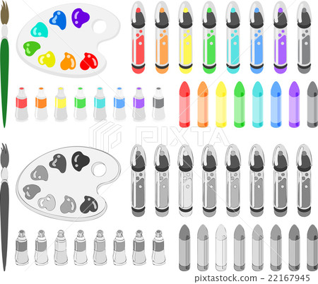 Paint brush, palette, paint, pen, crayon, - Stock Illustration ...