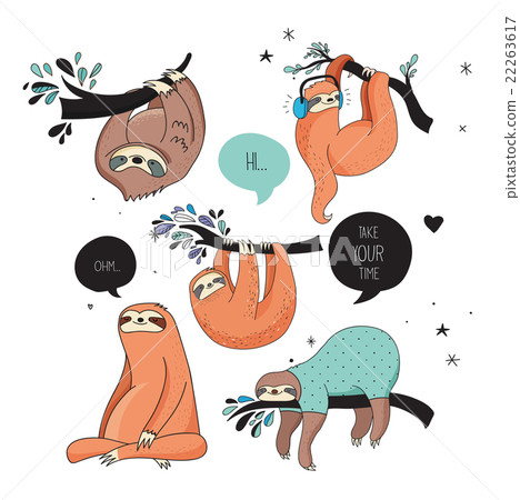 Cute hand drawn sloths illustrations, funny design - Stock Illustration [22263617] - PIXTA
