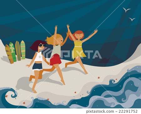 Young girls going to the sea. Vector illustration - Stock Illustration ...