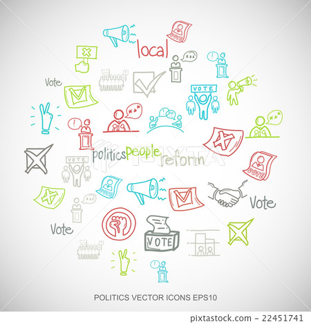 Multicolor doodles Hand Drawn Politics Icons set - Stock Illustration ...