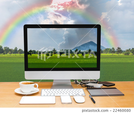 Conceptual image of a workspace with computer... - Stock Photo ...