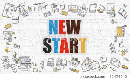 Multicolor New Start on White Brickwall. Doodle - Stock Illustration ...