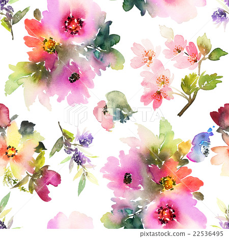 Seamless pattern with flowers watercolor - Stock Illustration [22536495 ...
