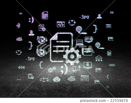 Programming concept: Gear in grunge dark room - Stock Illustration ...