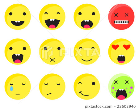 Yellow round smile emoji set. Emoticon icon flat - Stock Illustration ...