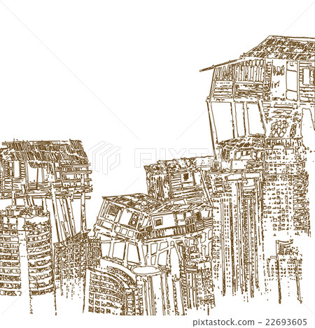 Drawing of wooden house on high building - Stock Illustration [22693605 ...