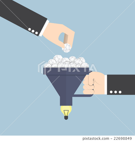 Funnel with crumpled paper and light bulb of idea - Stock Illustration ...