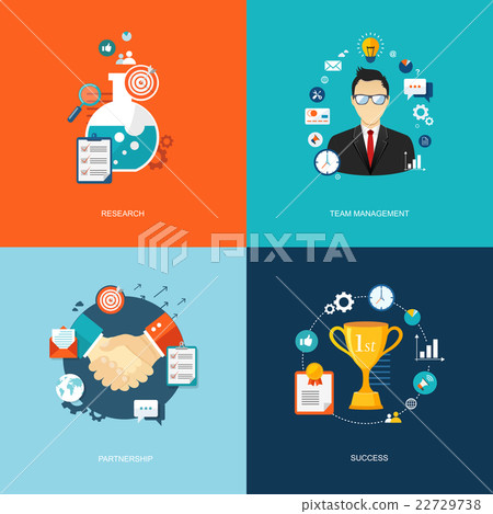 Flat banners set. Research, team management - Stock Illustration ...