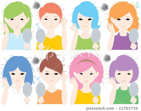 Women suffering from unkempt damaged hair while... - Stock Illustration ...