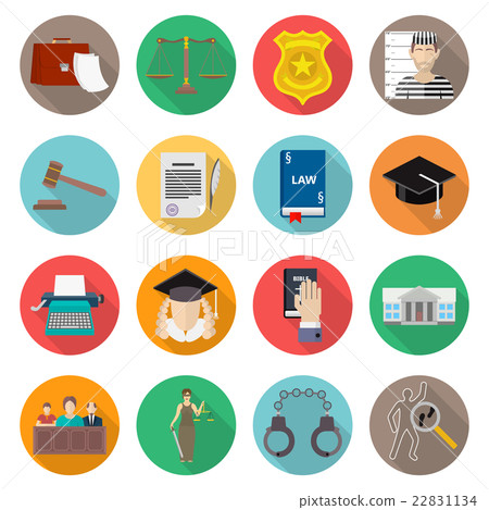 Law icon flat set with lawyer jail court jury isol - Stock Illustration ...