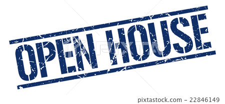open house blue grunge square vintage rubber stamp - Stock Illustration ...