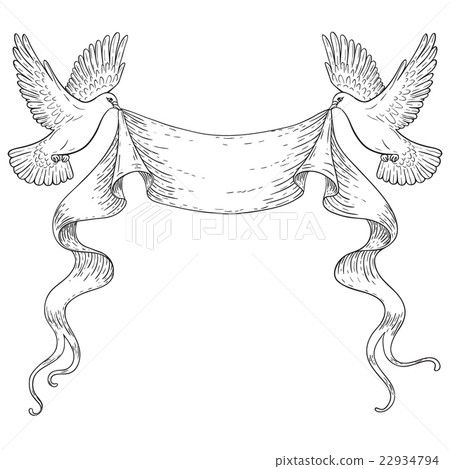 Hand Drawn contoured Flying Doves with Ribbon - Stock Illustration ...