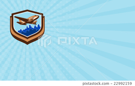 Business card Vintage Airplane Take Off Cityscape - Stock Illustration ...