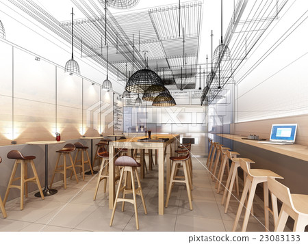 sketch design of resturant ,3d wire frame render - Stock Illustration ...