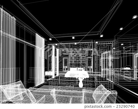 sketch design of living ,3d wire frame render - Stock Illustration ...