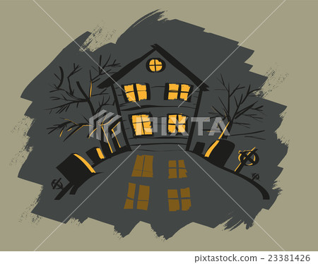 Dark halloween house. Orange light in windows - Stock Illustration ...