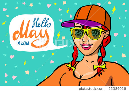 Red head girl with placard board text Hello May - Stock Illustration ...