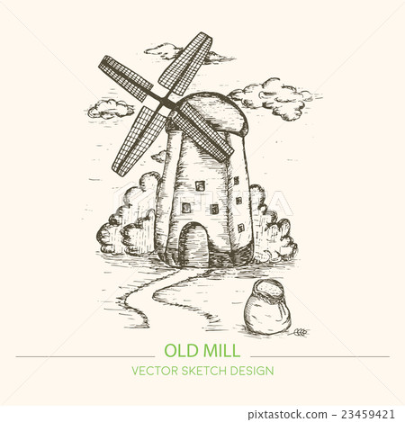Old mill in retro sketch style. Vector vintage - Stock Illustration ...