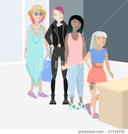 Four girls standing in waiting line - Stock Illustration [23516792] - PIXTA