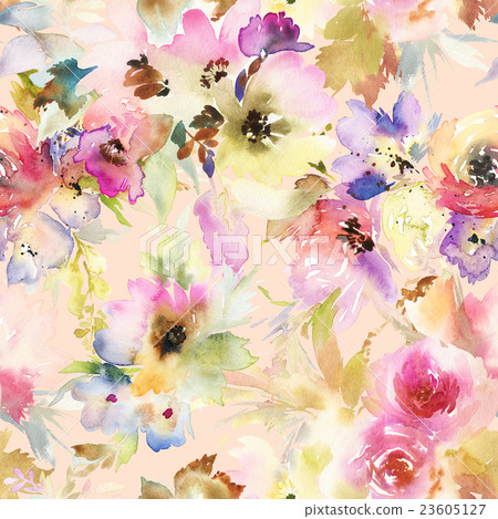 Seamless pattern with flowers watercolor - Stock Illustration [23605127 ...