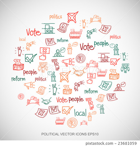 Multicolor doodles Hand Drawn Politics Icons set - Stock Illustration ...